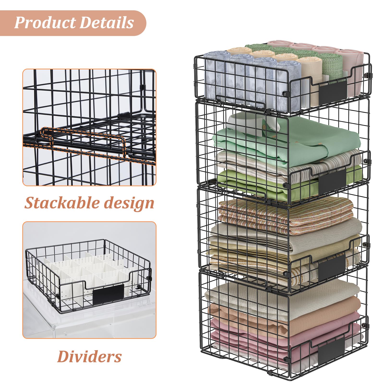 4 Pack Closet Organizers and Storage, Stackable Closet Storage Shelves, Clothes Storage Organizer Basket Bins/Containers with Dividers for Wardrobe, Closet Organization (Black-Sturdy Wire Metal Frame)