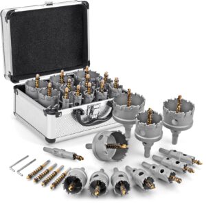 hole saw kit for metal - 16pcs tct 5/8"-2-1/4" inch carbide hole cutter set, for high precision cutting of stainless steel, iron, copper, brass