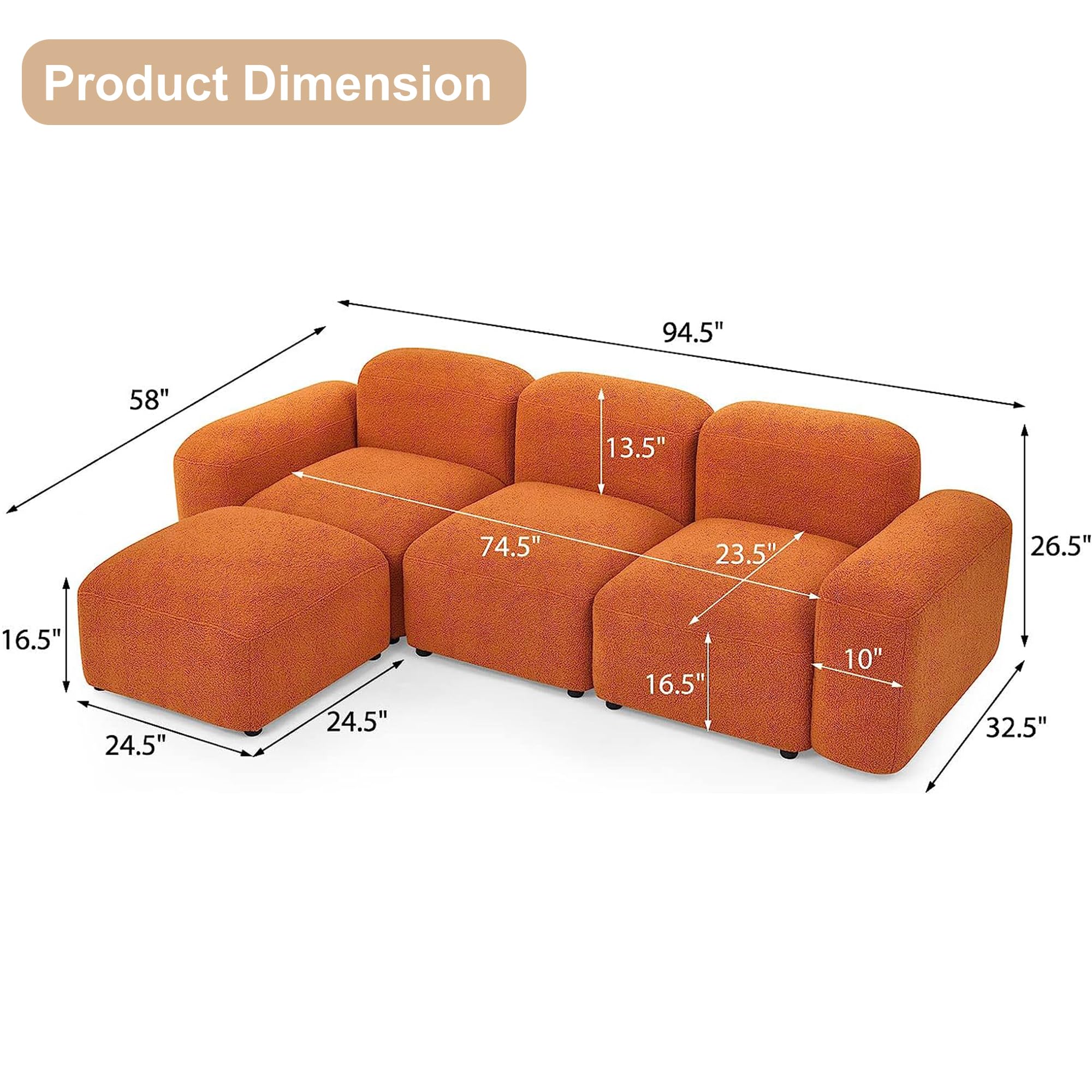 Tmsan Modular Sectional Sofa, Convertible L Shaped Couch, 94.5" Modern Minimalist Cloud Couches for Living Room Set, Comfy Orange Teddy Fabric