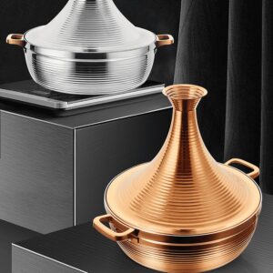 DAOUXIAOSP 304 Stainless Steel Moroccan Tagine Pot,Non Stick Tagine Stainless Steel Tower Stew Dry Pot Non-stick Slow Cooker Seafood High Lid Pan Electromagnetic Cooker Moroccan Tajine Casserole,Gold,