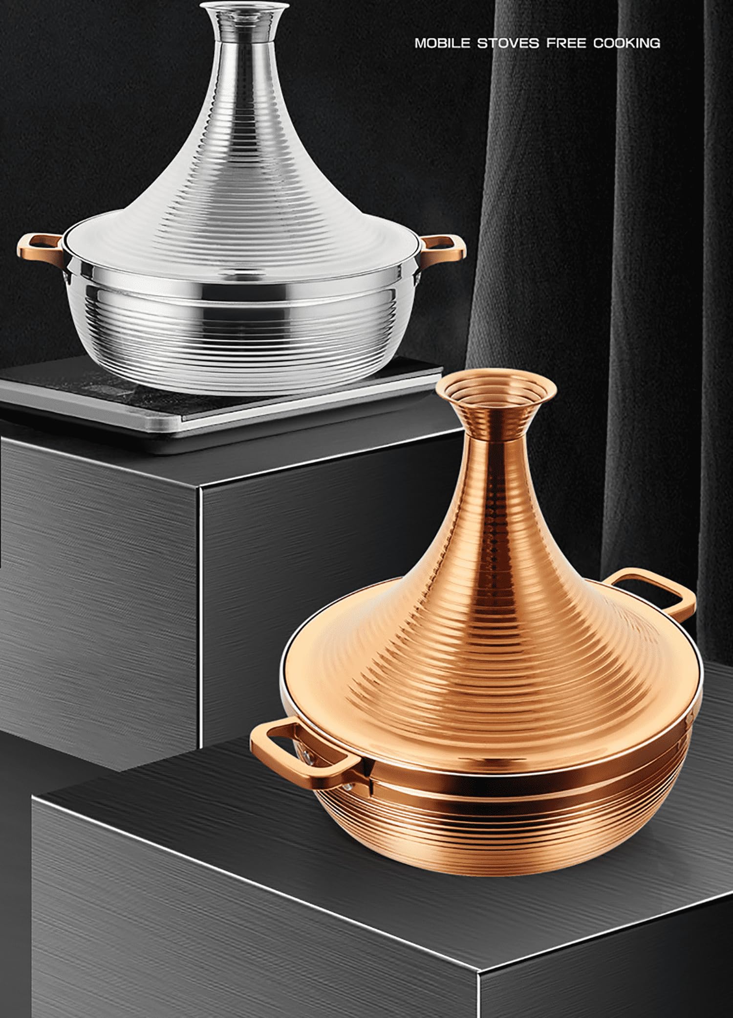 DAOUXIAOSP 304 Stainless Steel Moroccan Tagine Pot,Non Stick Tagine Stainless Steel Tower Stew Dry Pot Non-stick Slow Cooker Seafood High Lid Pan Electromagnetic Cooker Moroccan Tajine Casserole,Gold,