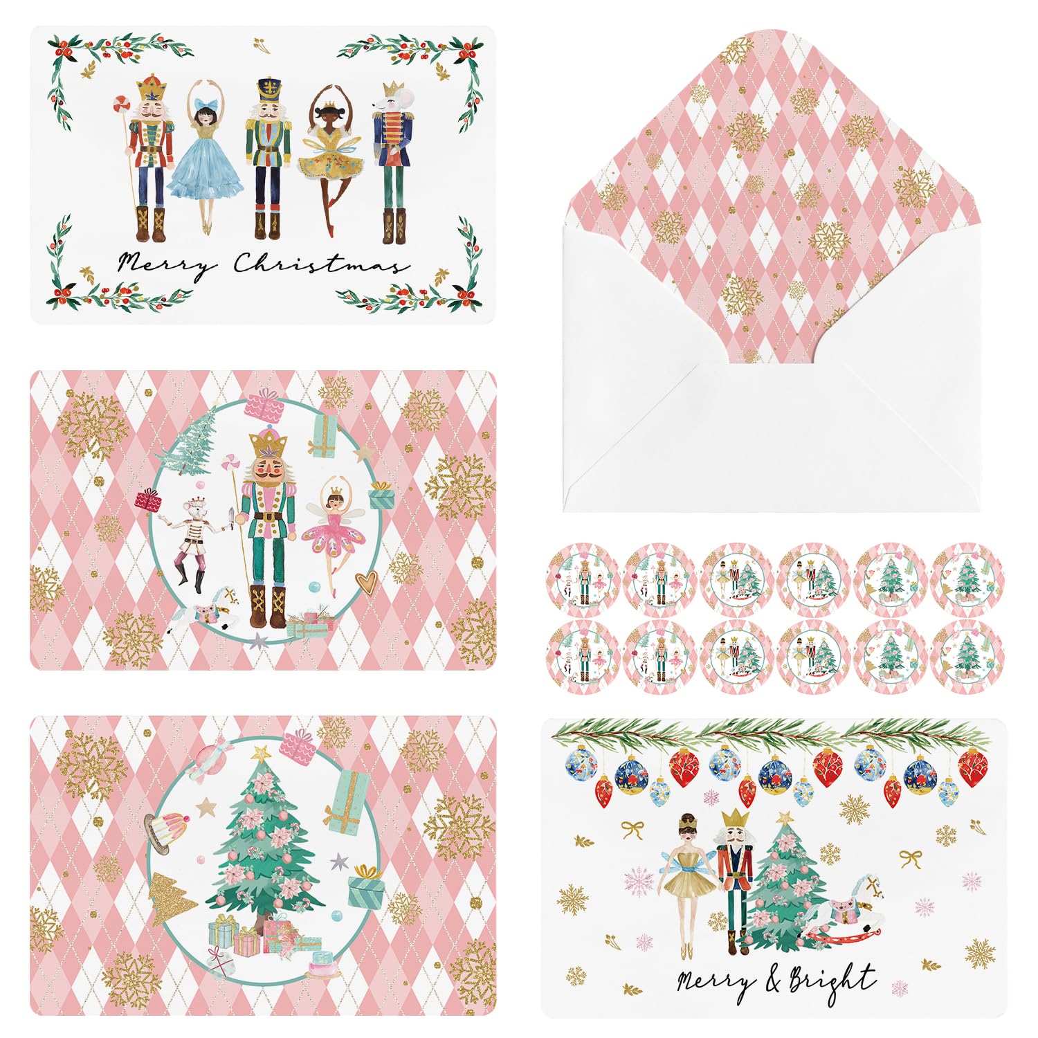 Artoid Mode 36 Pack Merry Christmas Thank You Cards Snowflake Holly Nutcrackers Greeting Cards Gift With Envelope Sticker Blank Note Cards for Birthday Wedding Baby Shower Bridal Shower, 4 x 6 Inch