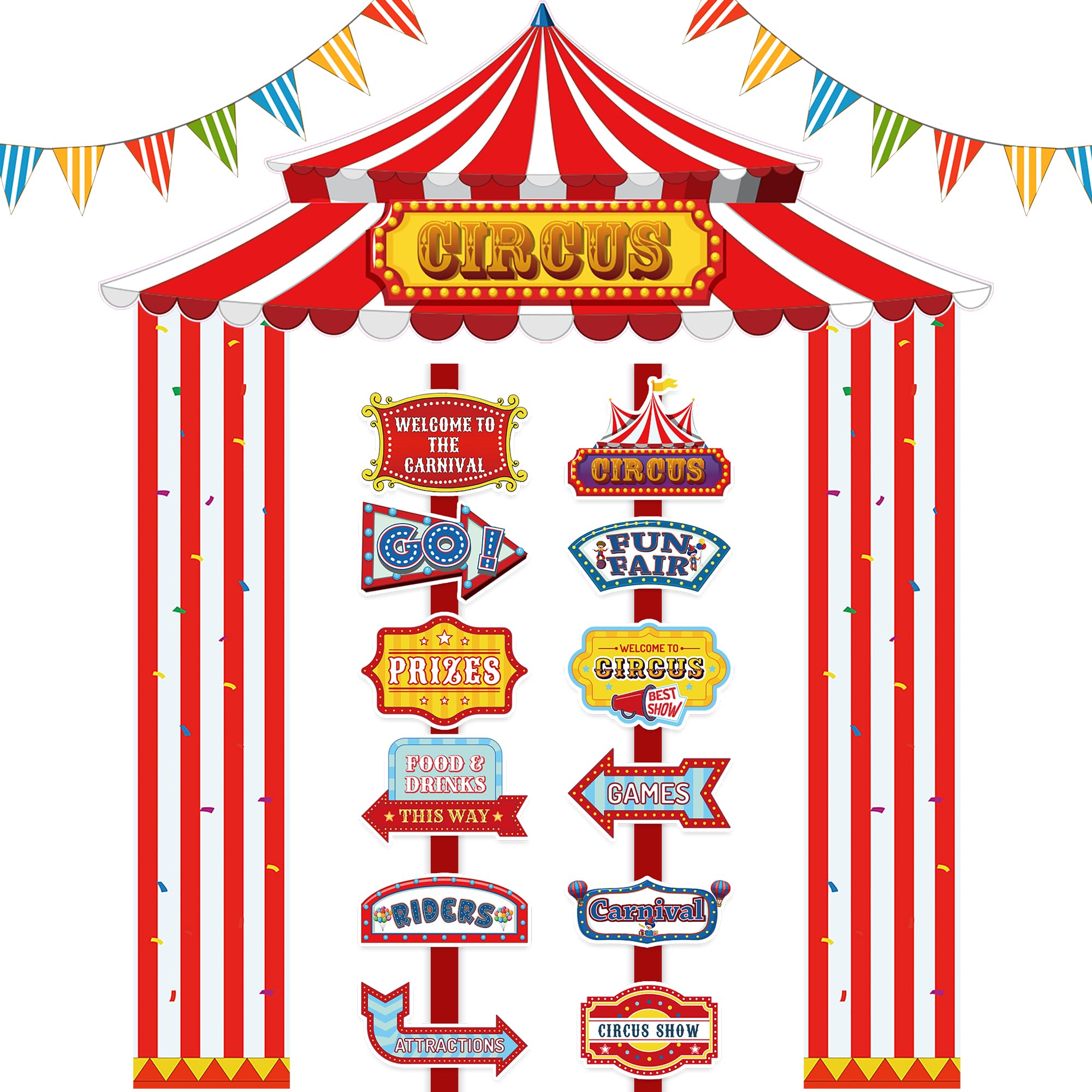 Tlswshsy 17PCS Circus Tent Decorations Set, Carnival Circus Door Banner with Awning and Directional Signs, Red and White Carnival Welcome Supplies for Circus Theme Party Birthday Home Decor