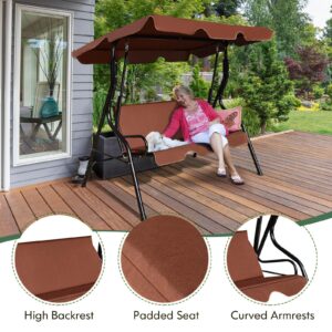 DREAMADE Porch Swing Outdoor, Patio Swing w/Removable Cushion, 3 Person Swing w/Stand & Adjustable Canopy, Heavy Duty Swing Chair for Patio, Garden, Courtyard, Poolside