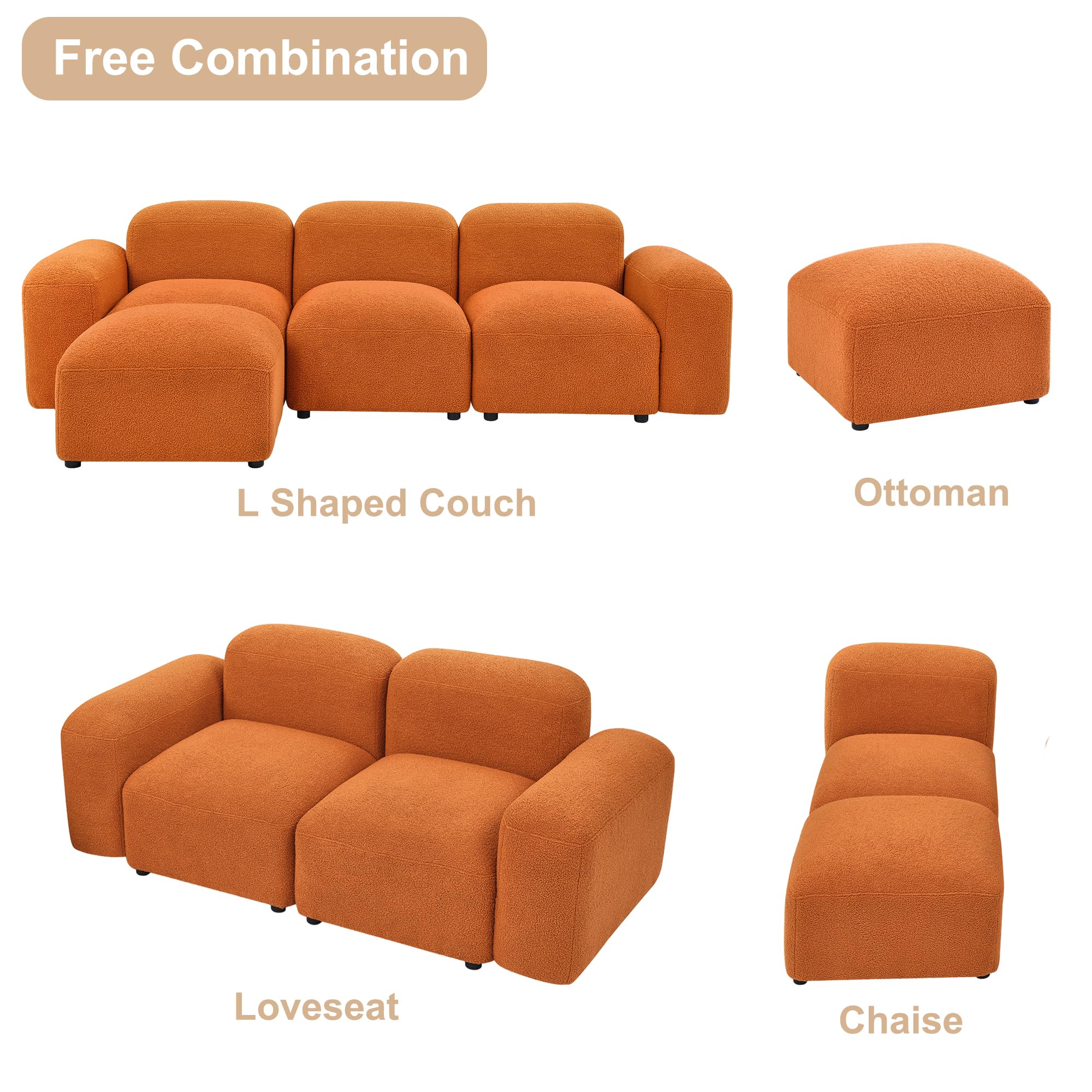 Tmsan Modular Sectional Sofa, Convertible L Shaped Couch, 94.5" Modern Minimalist Cloud Couches for Living Room Set, Comfy Orange Teddy Fabric