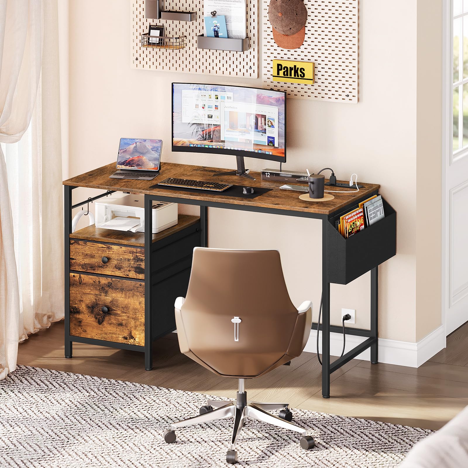 HOOBRO Computer Desk with Fabric File Drawers, 47" Office Desk with Power Outlet, Writing Desk with Side Pocket, for Home Office, Living Room, Easy to Assemble, Rustic Brown and Black BF10UDN01