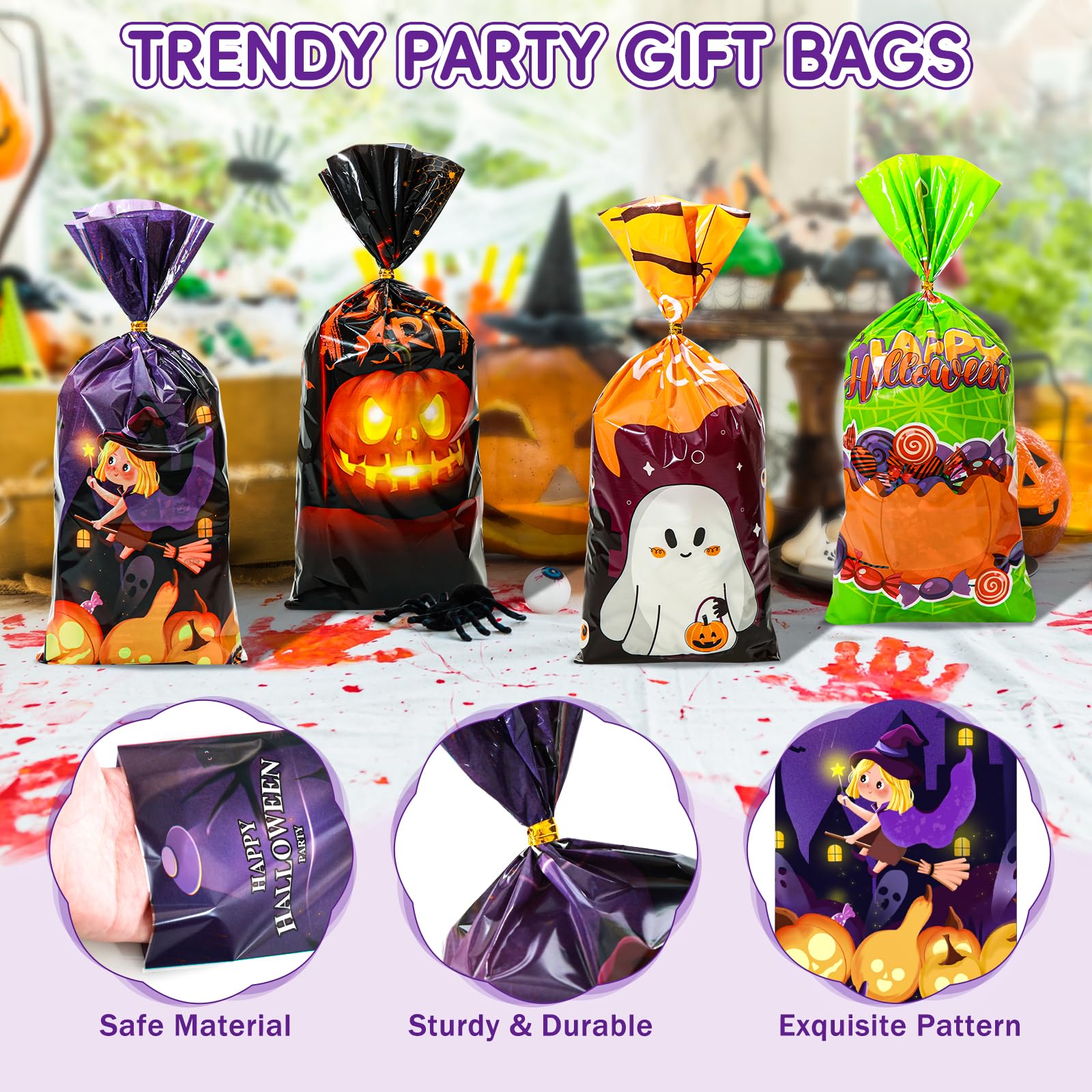 200 PCS Halloween Treat Bags, Halloween Goodie Bags with Twist Ties, Halloween Candy Bags for Halloween Party Favors, Trick or Treat, Hallowen Gift Party Supplies