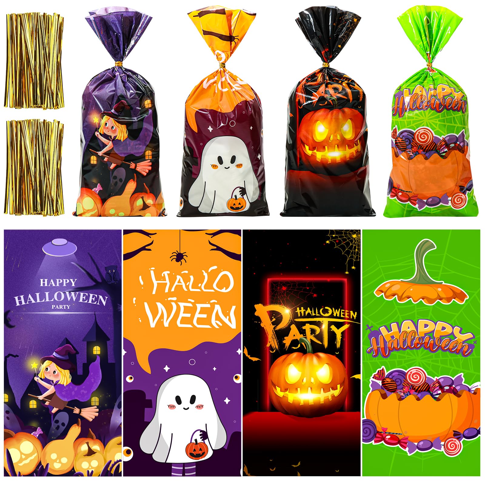 200 PCS Halloween Treat Bags, Halloween Goodie Bags with Twist Ties, Halloween Candy Bags for Halloween Party Favors, Trick or Treat, Hallowen Gift Party Supplies