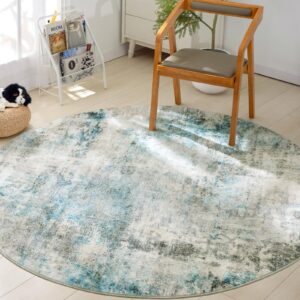 asrug large teal round rug 6ft, abstract circle rugs for living room non-slip machine washable round area rug for kitchen bedroom nursery dining room, modern soft throw floor carpet low pile