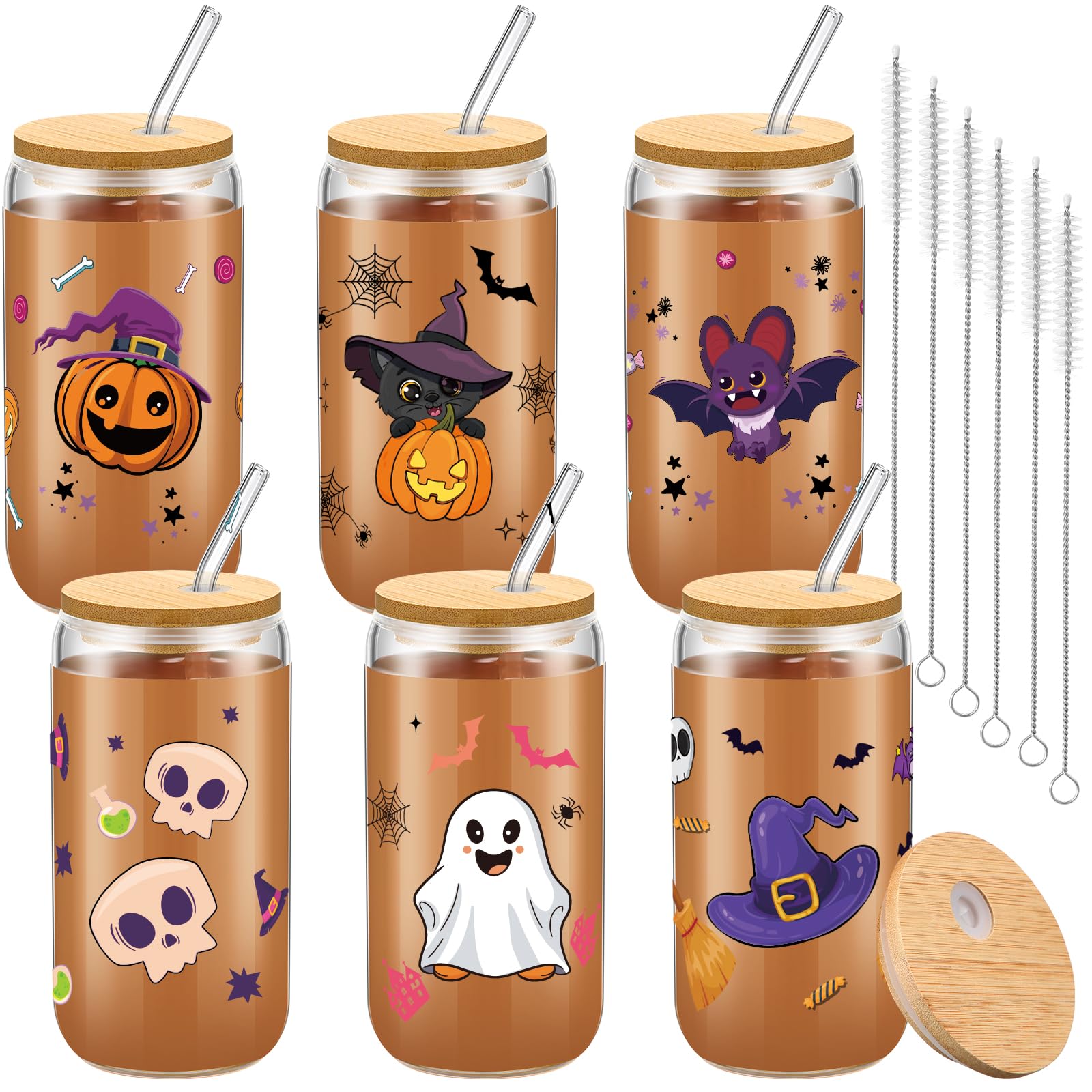 Teenyyou 6 Set Halloween Glasses Cups 16 oz Halloween Pumpkin Ghost Skull Bat Cups Halloween Iced Coffee Cup with Lid Straw Cute Drinking Beer Tumblers for Halloween Party Gift Basket Stuffer