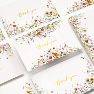 Crisky 4 Assorted Gold Foil WildFlowers Thank You Cards, (50 Cards with Envelopes for Birthday, Baby Shower, Bridal Shower, Wedding, All Occasion)