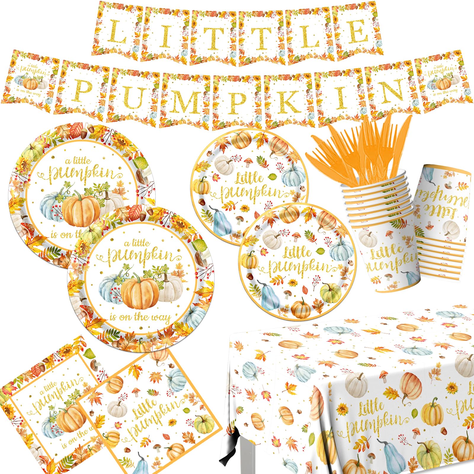 142Pcs Fall Baby Shower Decorations Little Pumpkin Baby Shower Decorations A Little Pumpkin is On The Way Baby Shower Tableware Sets Pumpkin Gender Reveal Thanksgiving Baby Shower Decorations