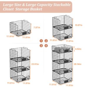 4 Pack Closet Organizers and Storage, Stackable Closet Storage Shelves, Clothes Storage Organizer Basket Bins/Containers with Dividers for Wardrobe, Closet Organization (Black-Sturdy Wire Metal Frame)