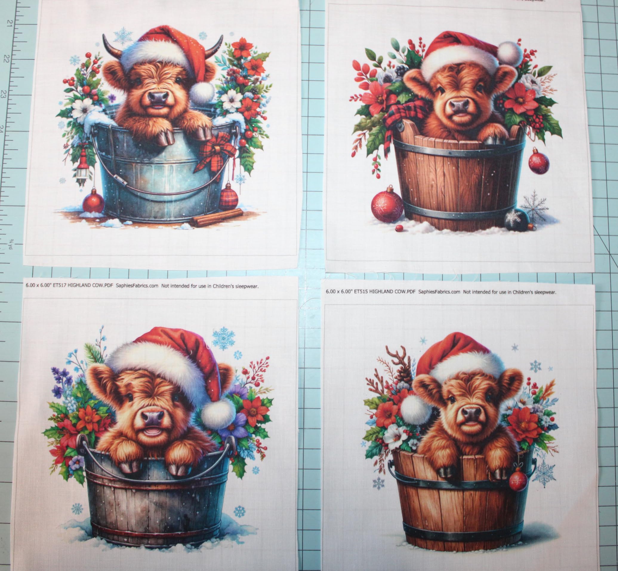 4 Piece 6"x6" Christmas Highland Cows 100% Cotton Fabric Panel Squares - Quilting Sewing Blocks