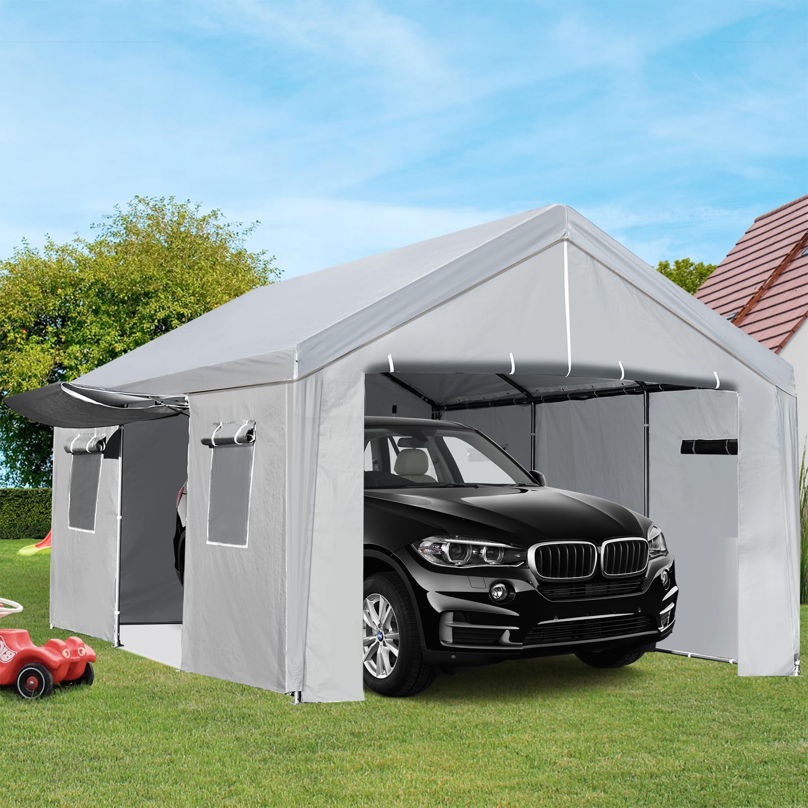 Agrestem Carport 13 x 20 Heavy Duty Portable Garage, Waterproof Anti-Snow Carport with Removable Sidewalls 180G PE Fabric, Galvanized Steel Pipe, 4 Roll-Up Ventilated Windows, Car Port for Car Pickup