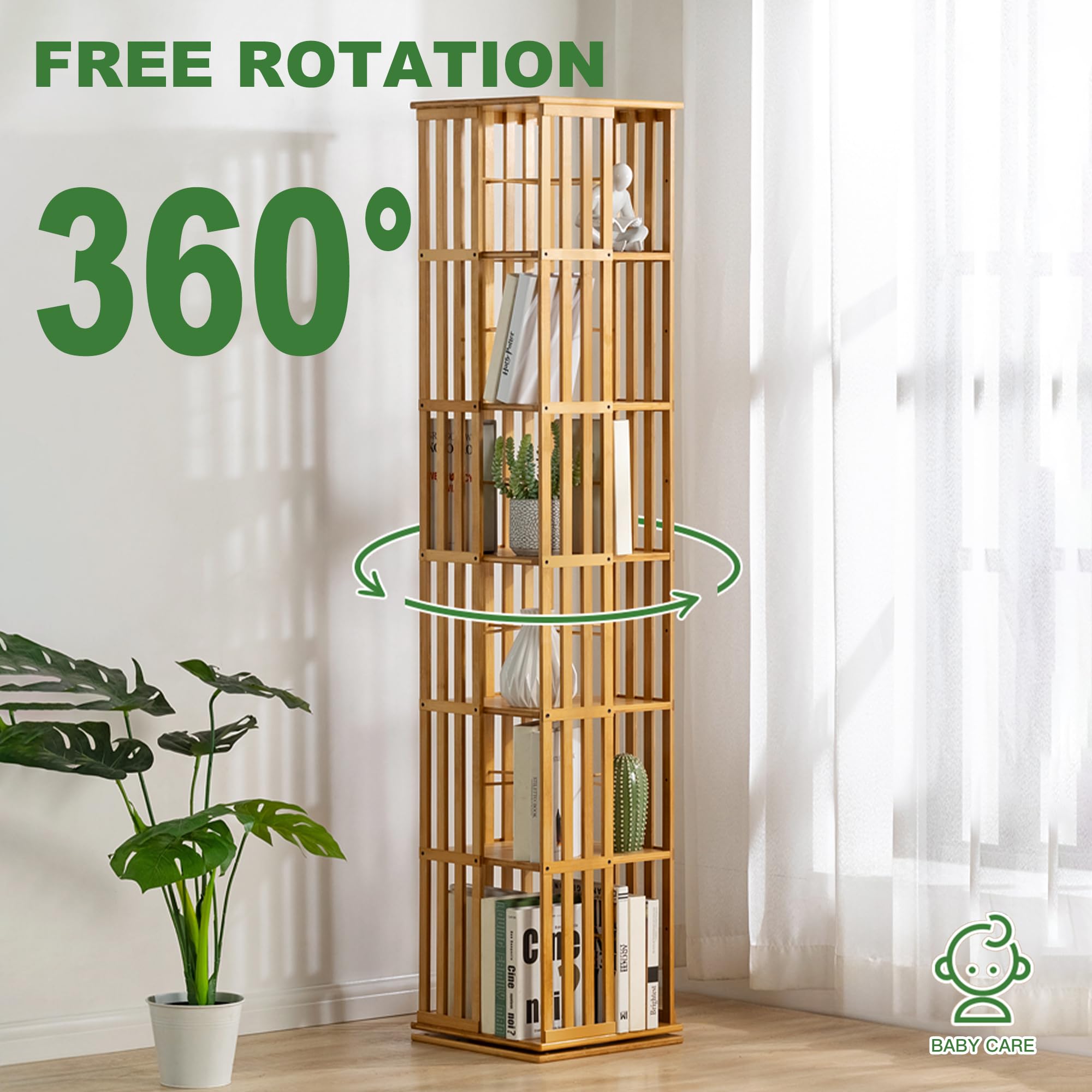 YOWOS Rotating Bookshelf Tower, 360 Display Spinning Bookshelf, Bamboo Bookshelf Floor Standing Storage Rack, Wood Narrow Book Shelf Organizer for Kids&Adults, Walnut 5 Tier