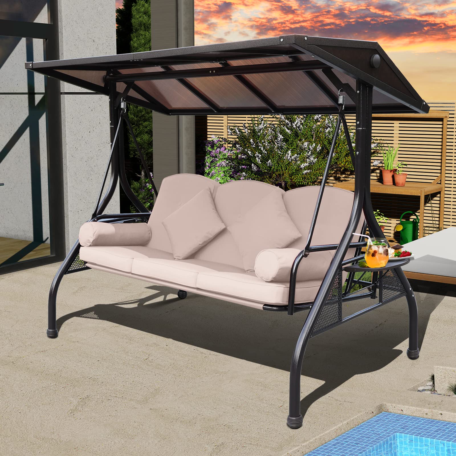 NOBLEMOOD Hardtop Patio Porch Swing, 3 Seat Outdoor Swing with Convertible Backrest, 2 Side Cup Holder, Thickened Cushion, 4 Pillows for Adult, Garden, Lawn