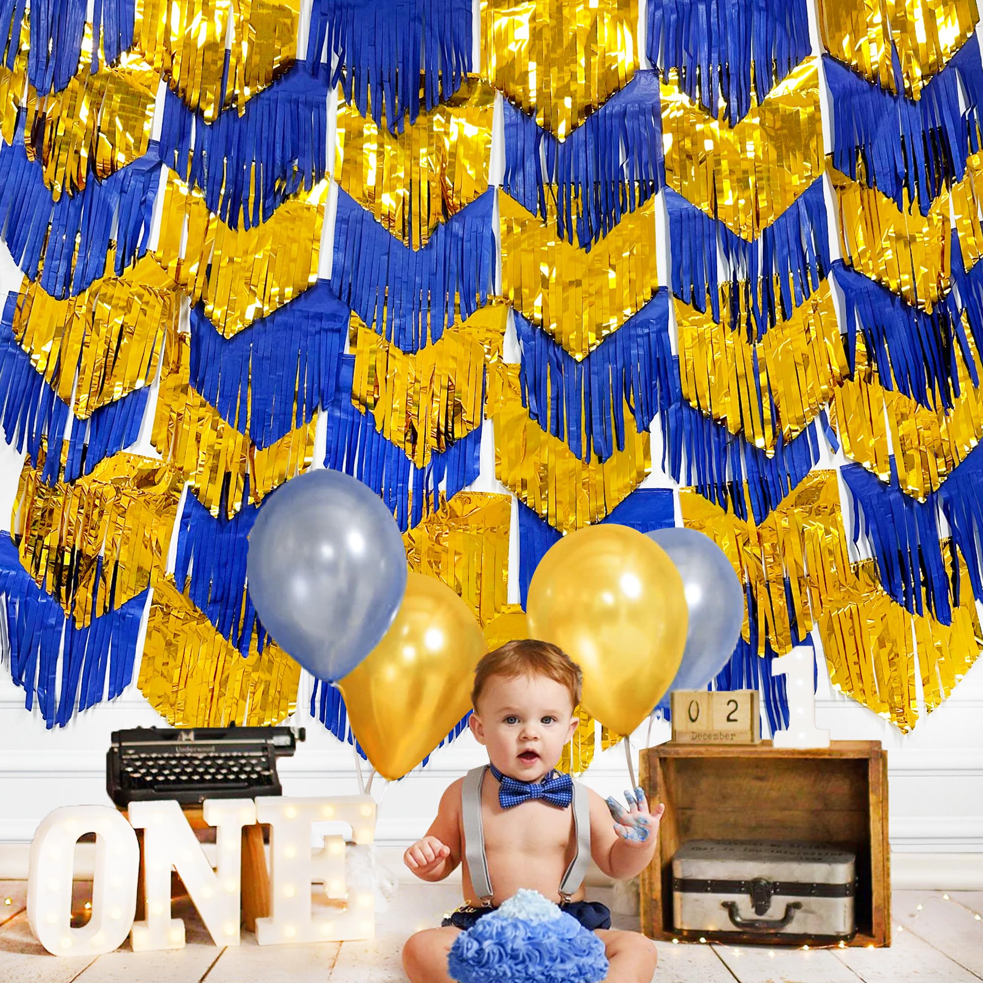 Royal Blue Gold Tassel Backdrop Tissue Paper Metallic Foil Fringe Tinsel Garland Streamers Bunting Banner for Graduation Birthday Anniversary Bachelorette Wedding Engagement Party Decorations Supplies