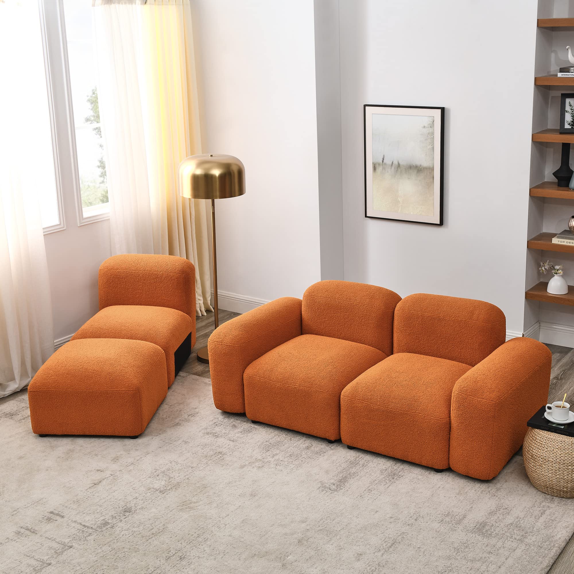 Tmsan Modular Sectional Sofa, Convertible L Shaped Couch, 94.5" Modern Minimalist Cloud Couches for Living Room Set, Comfy Orange Teddy Fabric