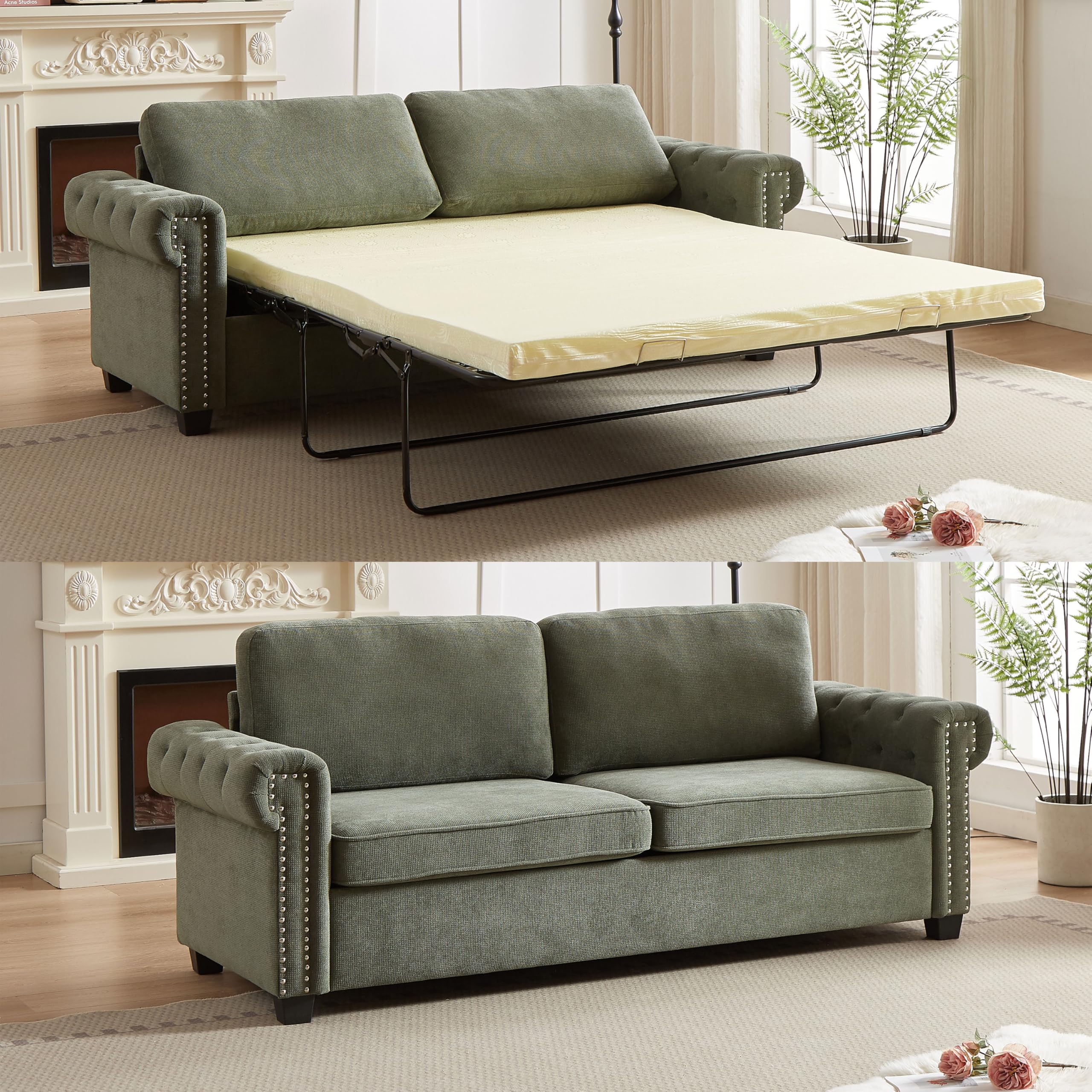 amervanito 83.8" Pull Out Couch, Full Size 2 in 1 Pull Out Sofa Bed, Convertible Couch Bed with Rolled Arms & Mattress, Sleeper Sofa Couch for Living Room, Apartment, Small Spaces (Green)