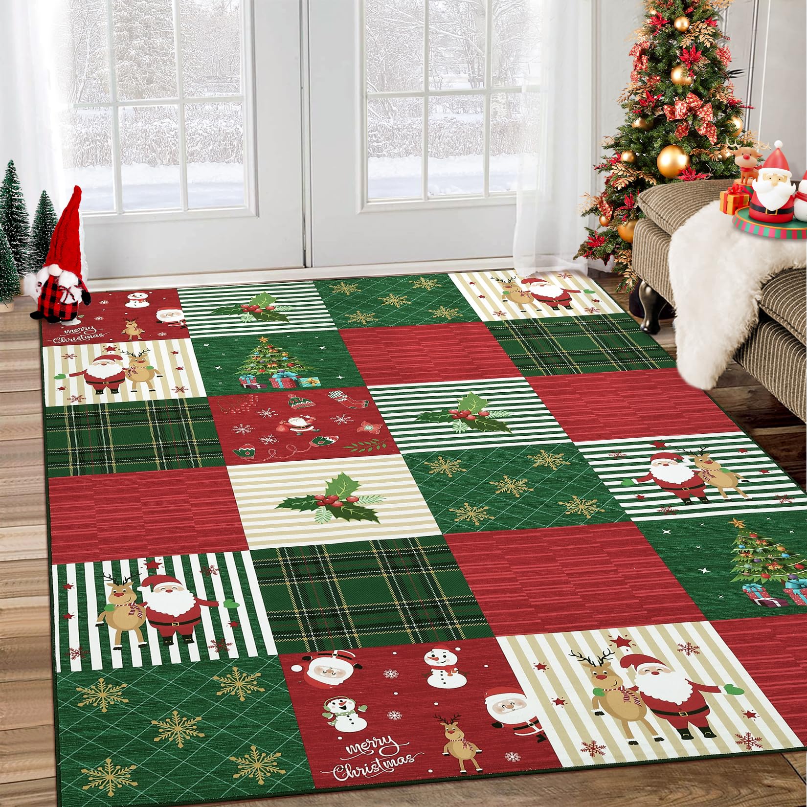 RUGSREAL Christmas Rug 4x6 Washable Bedroom Rug Holiday Decor Non Slip Throw Rug Soft Carpet Stain Resistant Accent Rug Holiday Decoration for Home Decor, Red/Green