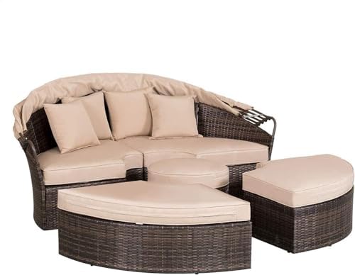 Betterland Outdoor Furniture Patio Round Daybed with Retractable Canopy, Brown Wicker Clamshell Sectional Seating with Cushions for Patio, Backyard, or Porch, Pool Round Bed