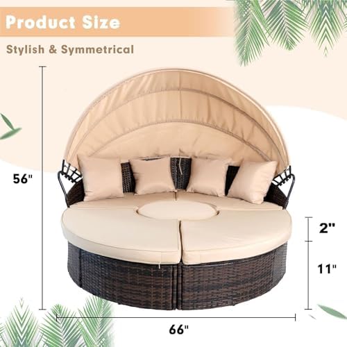 Betterland Outdoor Furniture Patio Round Daybed with Retractable Canopy, Brown Wicker Clamshell Sectional Seating with Cushions for Patio, Backyard, or Porch, Pool Round Bed