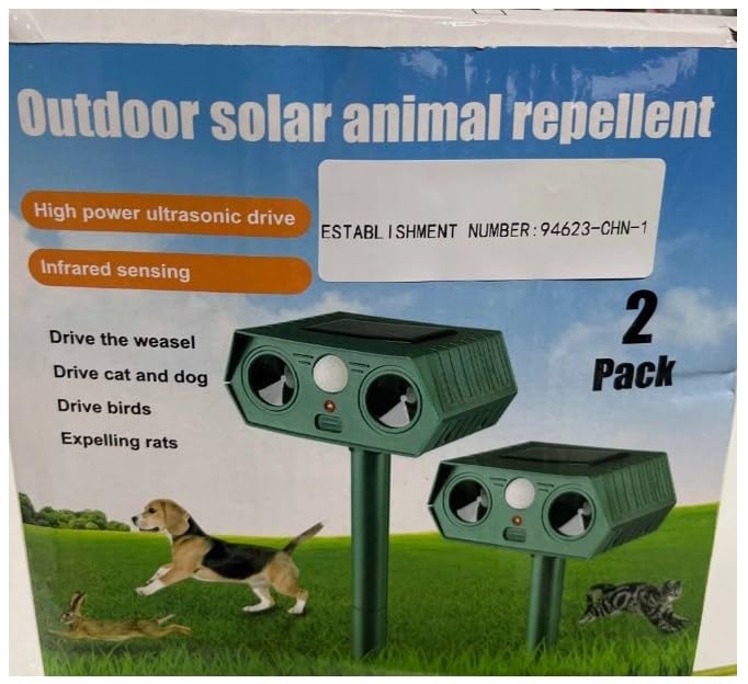 2 Pack Solar Ultrasonic Animal Repellent 2024 Outdoor Cat Deterremt Waterproof Devices with Flash Light Motion Sensor to Keep Cat Deer Squirrel Raccoon Rabbit Skunk Bunny Dog Fox Out of Yard Garden