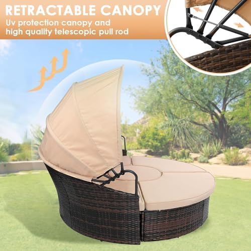 Betterland Outdoor Furniture Patio Round Daybed with Retractable Canopy, Brown Wicker Clamshell Sectional Seating with Cushions for Patio, Backyard, or Porch, Pool Round Bed