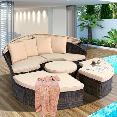 Betterland Outdoor Furniture Patio Round Daybed with Retractable Canopy, Brown Wicker Clamshell Sectional Seating with Cushions for Patio, Backyard, or Porch, Pool Round Bed