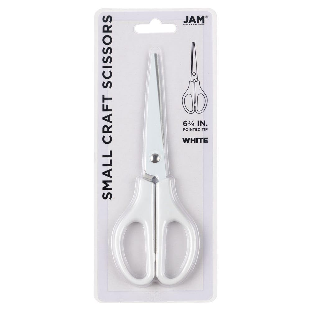 JAM PAPER Arts & Crafts Scissors - 6 3/4 Inch - White - Ergonomic Handle & Stainless Steel Pointed Tip Blades - Sold Individually