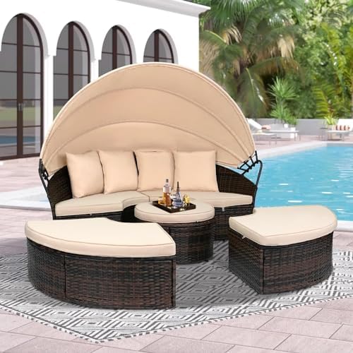 Betterland Outdoor Furniture Patio Round Daybed with Retractable Canopy, Brown Wicker Clamshell Sectional Seating with Cushions for Patio, Backyard, or Porch, Pool Round Bed