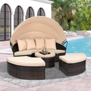 betterland outdoor furniture patio round daybed with retractable canopy, brown wicker clamshell sectional seating with cushions for patio, backyard, or porch, pool round bed