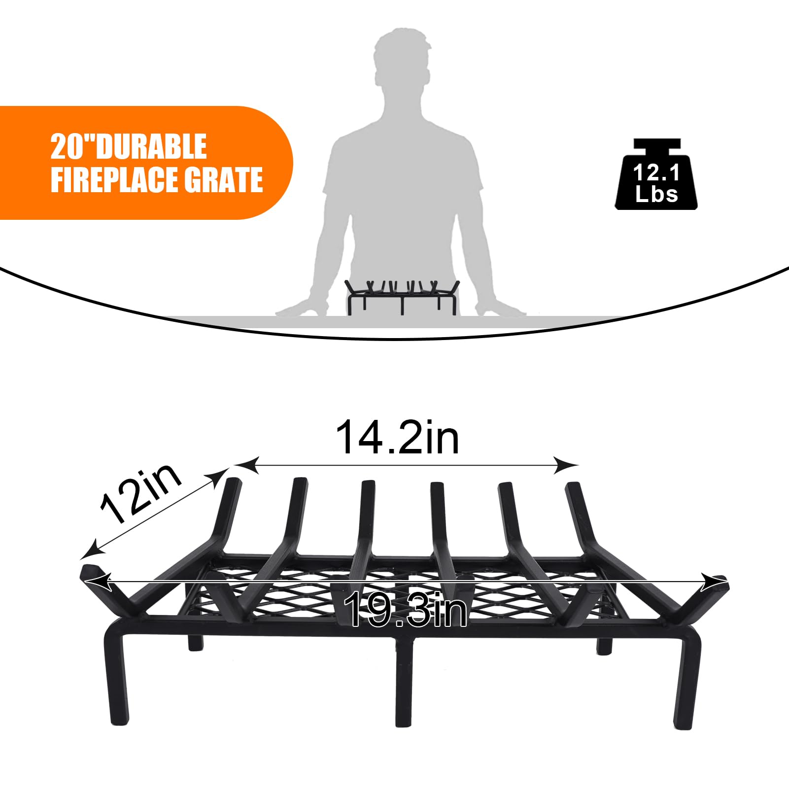 20 Inch Fireplace Grate with Ember Retainer,Cast Iron Fireplace Log Grate,Fireplace Log Holder,Heavy Duty Solid Steel Fireplace Wood Holder,Wood Stove Wrought Rack for Indoor Hearth Outdoor Fireplace