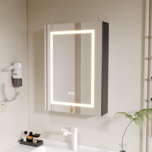 aoocow bathroom medicine cabinet with lights, 20 x 28 inches led mirror medicine cabinet, defogger,3-color temp, black aluminum lighted medicine cabinet, surface mount