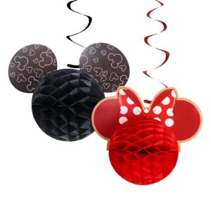 2 pieces micky themed birthday decorations, cartoon honeycomb balls with hanging swirls , birthday party supplies black and red table decor for kids, women, adults