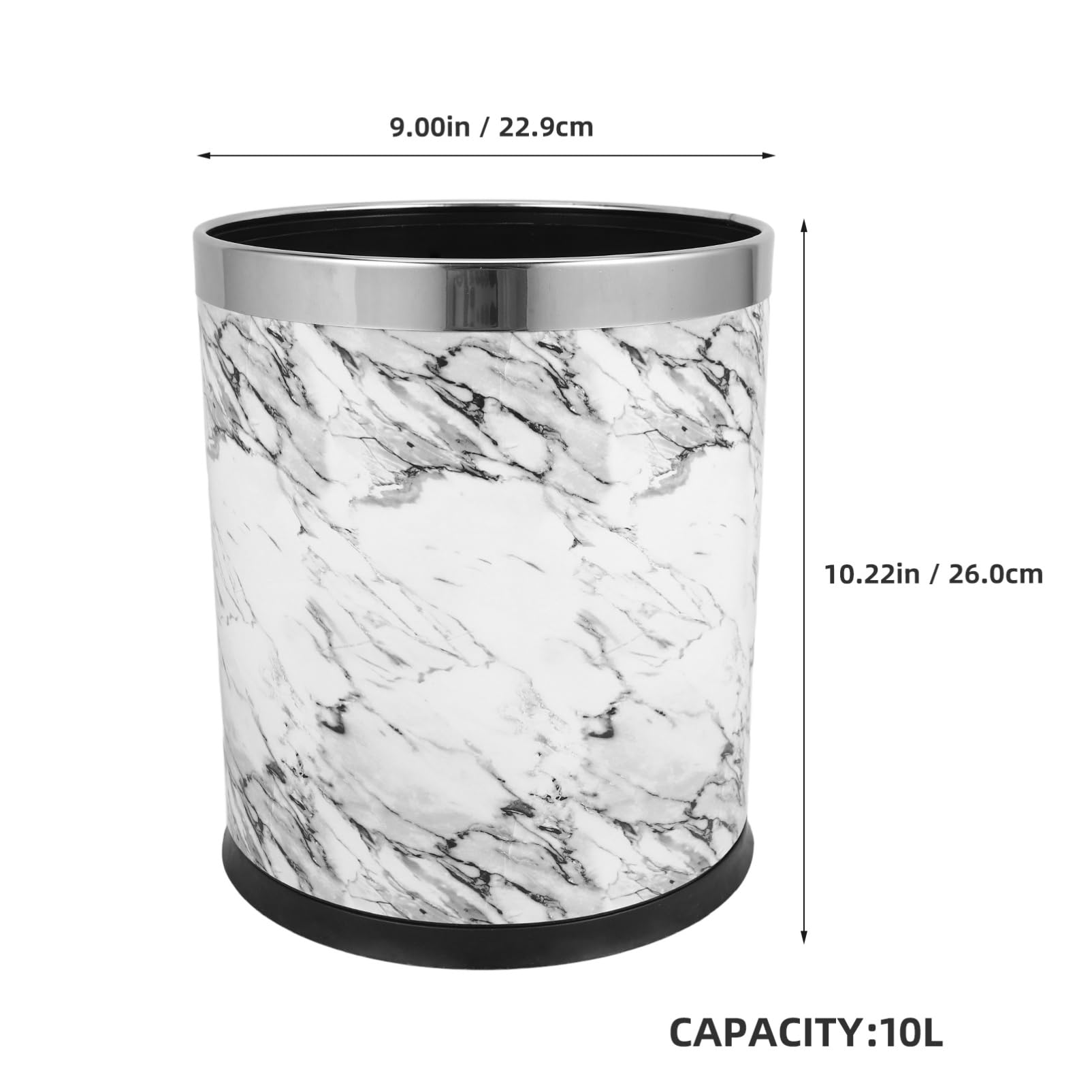 Luxshiny Office Trash Can Round Metal Wastebasket Marble Garbage Basket Bin for Bathroom Bedroom Kitchen Home Office White 10L