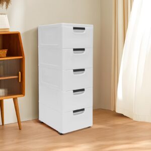 5 Layers Stackable Storage Cabinet, Vertical Clothes Organizer, Plastic Chest Closet w/Drawers, Easily Assemble for Bathroom,Cabinet,Closet,Makeup,Pantry organization and Storage (White)