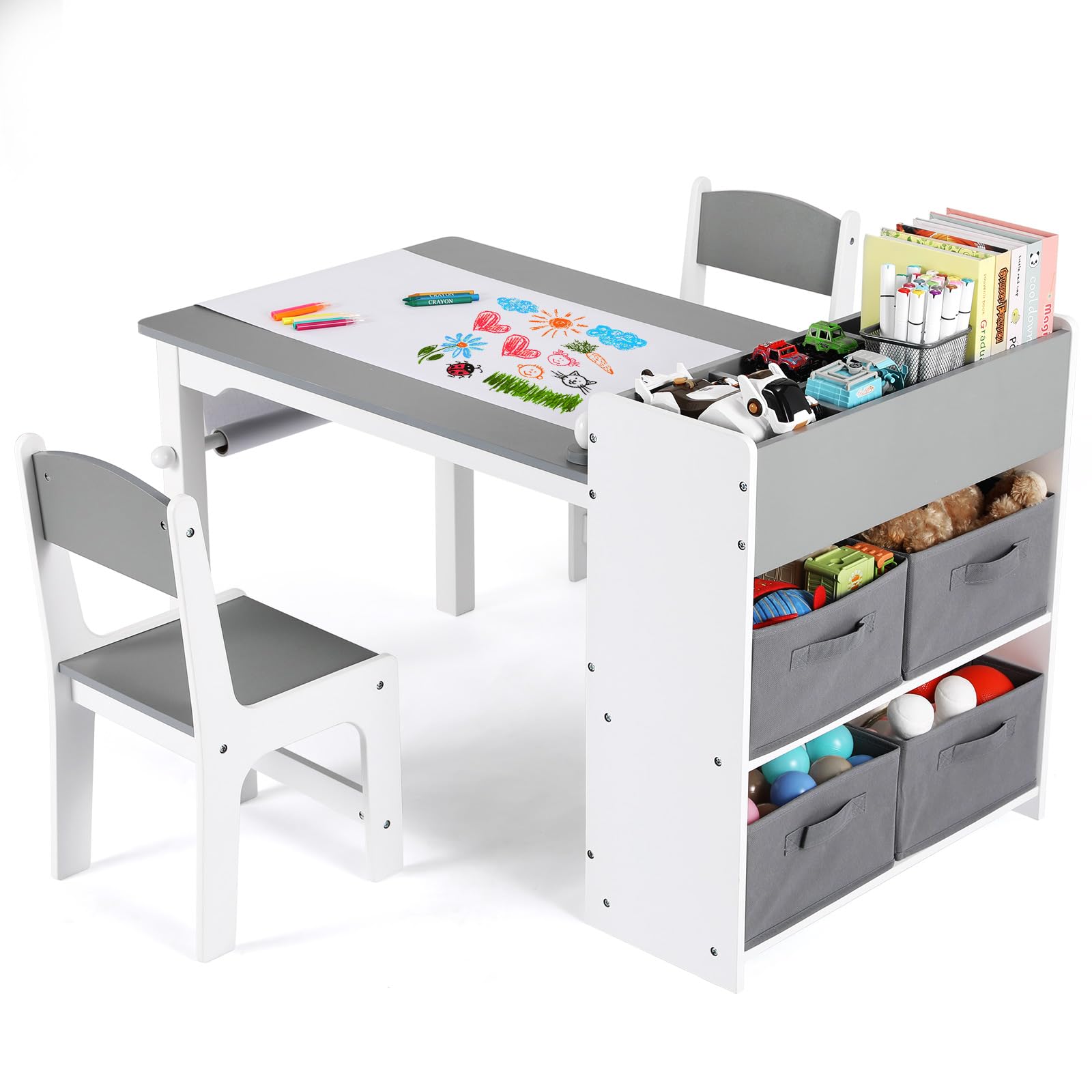 Arlopu Kids Art Table and 2 Chairs, Toddler Craft Drawing Desk with Large Storage Shelves, 4 Storage Bins and Paper Roll, Kids Activity and Study Table Furniture, for Daycare, Game Room (Grey)