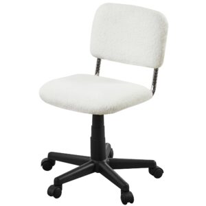 vecelo armless home office sherpa vanity chair with wheels faux fur, swivel height adjustable for bedroom makeup, white