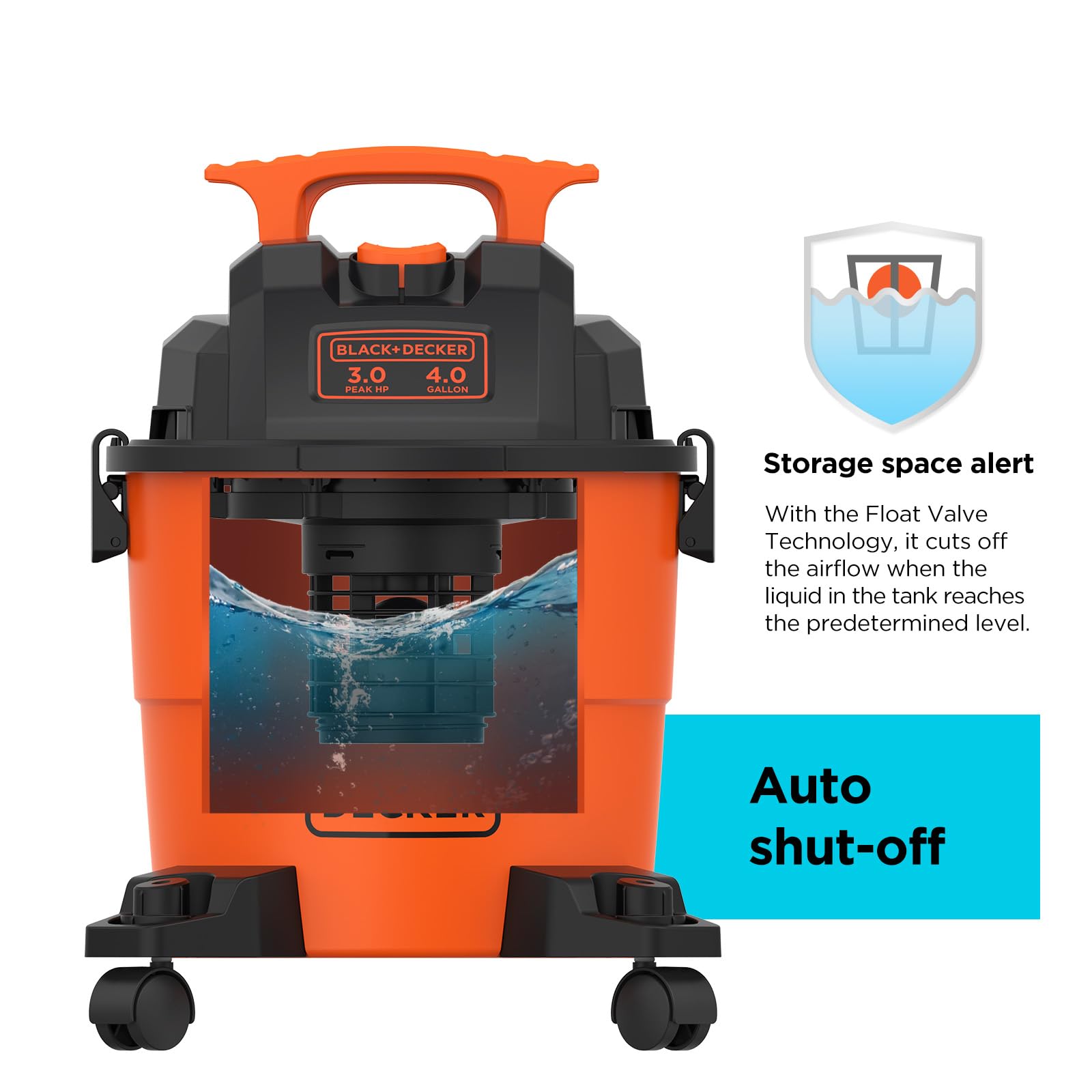 BLACK+DECKER Shop Vacuum Wet and Dry, 4 Gallon 3.0 Peak HP, 3-in-1 Portable Shop Vac with Accessories, Home and Car Vacuum Cleaner(BDXV18301P-4A)