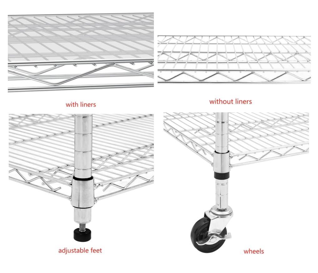 5-Tier Metal Wire Shelving Unit with Wheels, 60" L×24" W×72" H Heavy-Duty Adjustable Shelving and Storage Racks with Liners, for Commercial, School, Home, Garage, Warehouse, Industrial, Silver