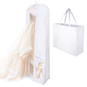 hiitytin 70" wedding dress garment bag with 10'' gusseted dress bags & bride tote bag, 3 pockets garment bag for wedding dress, gown garment bag for long dresses, prom gown bags, bride bag, white (1)