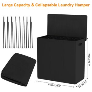 WOWLIVE 180L Laundry Hamper with Lid 3 Section,Large Laundry Basket with Removable Bags and Handles,Collapsible Dirty Clothes Hampers for Laundry,Laundry Basket Organizer for Laundry Room,Dorm,Black