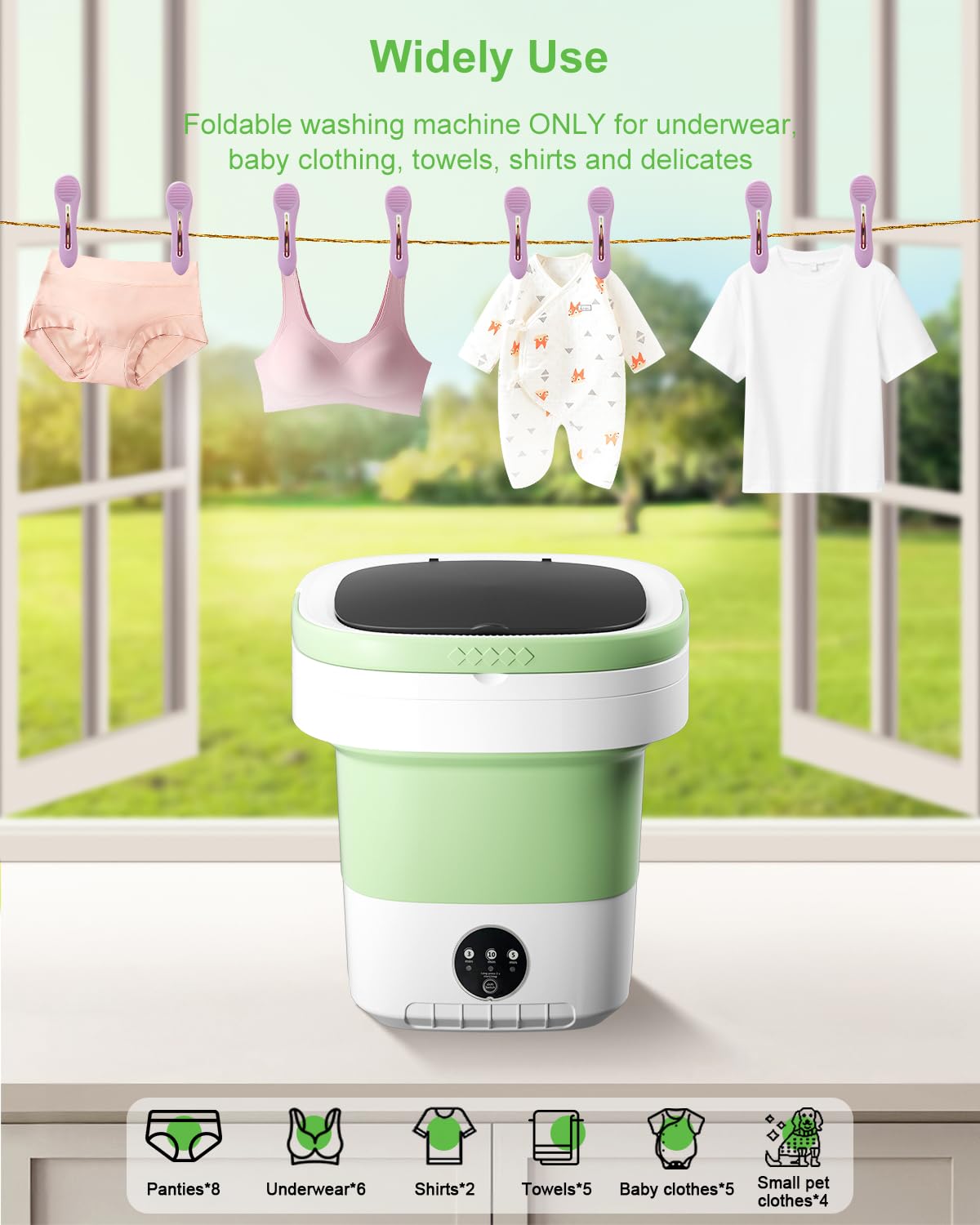 Portable Washing Machine, Mini Washer 13L Upgraded Capacity with 3 Modes Deep Cleaning for Underwear, Shirt, Baby Clothes, Small Items.Foldable Mini Laundry Washer for Apartments,Camping,Travel(Green)