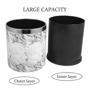 Luxshiny Office Trash Can Round Metal Wastebasket Marble Garbage Basket Bin for Bathroom Bedroom Kitchen Home Office White 10L