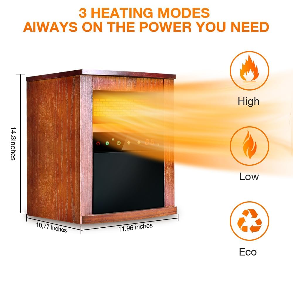 Air Choice Infrared Space Heater, 1500W Electric Heater for Indoor Use, Remote & 3 Modes, Adjustable Thermostat, 12H Timer, Child Lock, Wood Cabinet Heater with Overheat & Tip-Over Protection, Walnut