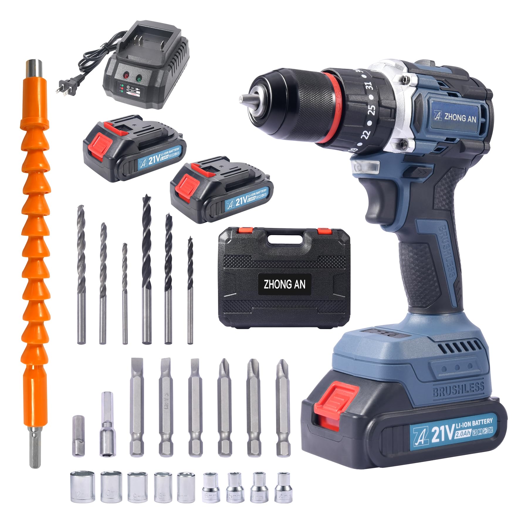 ZHONGAN 10mm(3/8”) Cordless Drill 2 Variable Speed,with 1 Charger and 2 Batteries,Electric Power Drill Set 24 Driver Bits,Durable and Portable,21V 2000mAh