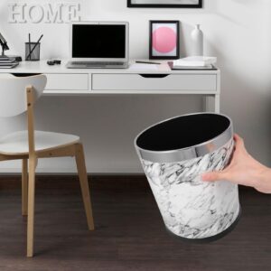 Luxshiny Office Trash Can Round Metal Wastebasket Marble Garbage Basket Bin for Bathroom Bedroom Kitchen Home Office White 10L