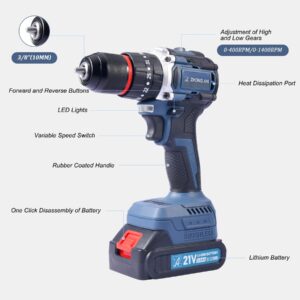 ZHONGAN 10mm(3/8”) Cordless Drill 2 Variable Speed,with 1 Charger and 2 Batteries,Electric Power Drill Set 24 Driver Bits,Durable and Portable,21V 2000mAh